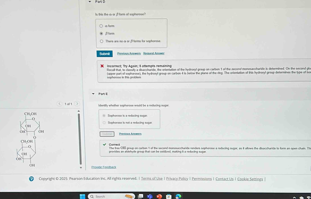 Solved: ls this theα or β form of sophorose? α form β form There are no ...