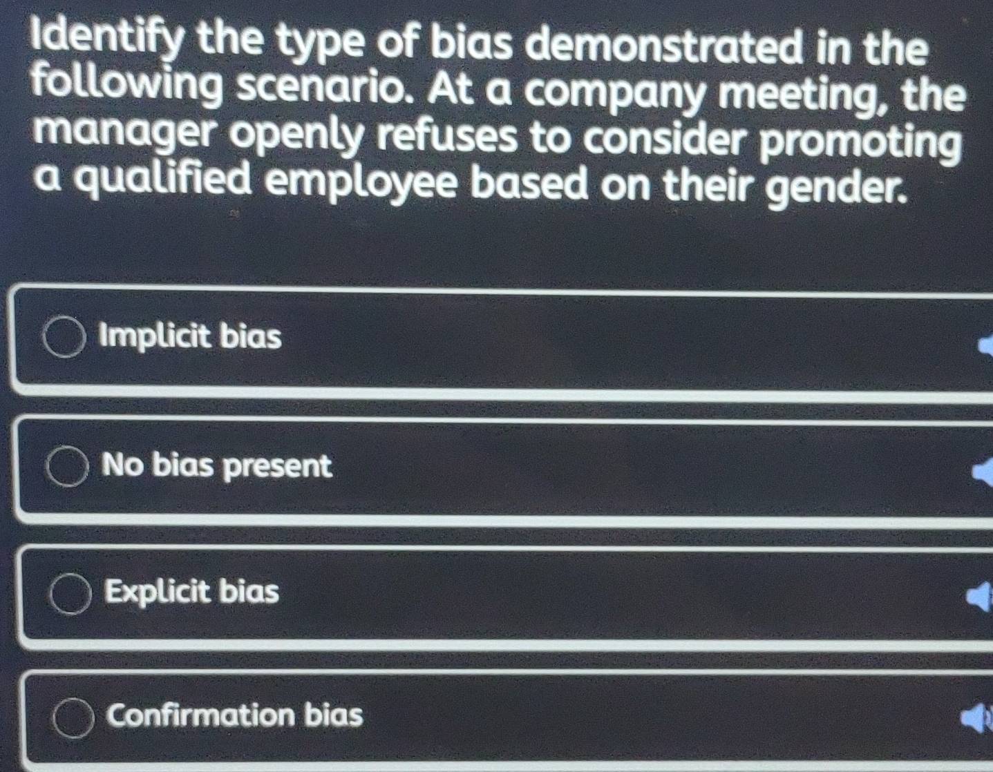 Solved: Identify the type of bias demonstrated in the following ...