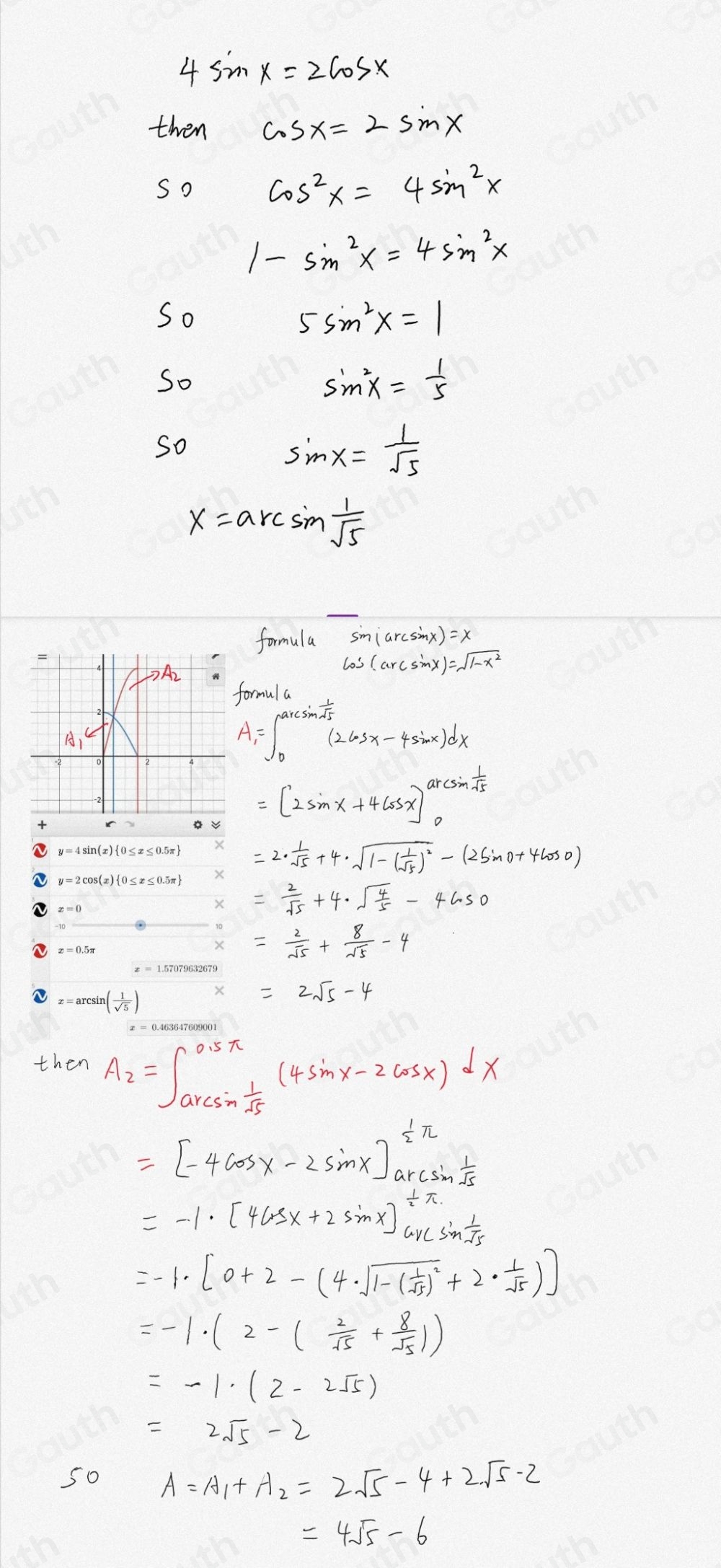 Solved: Find the area of the region enclosed between y=4sin (x) and y=2cos (x) from x=0 to x=0 ...