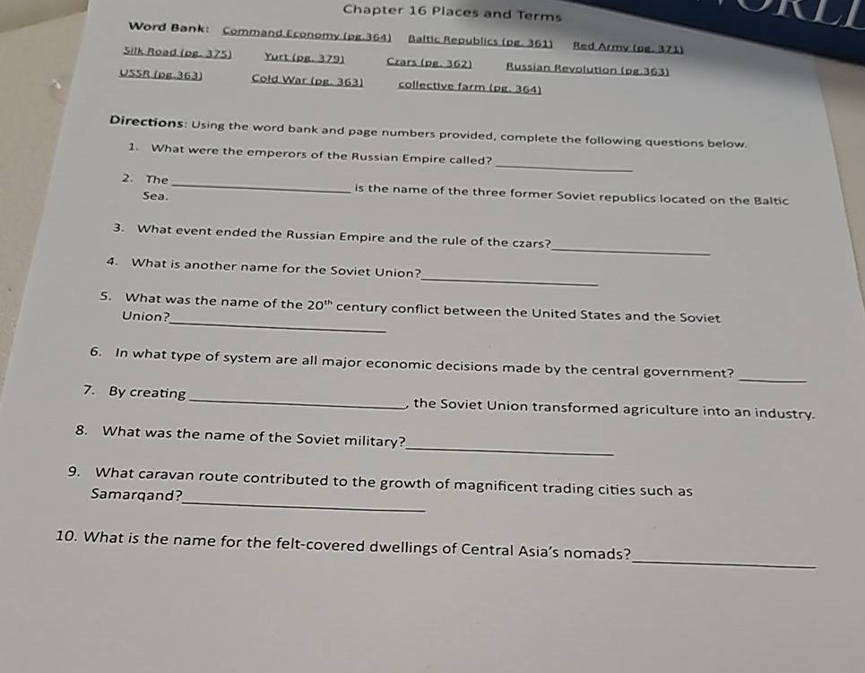 Solved: Chapter 16 Places and Terms R LL Word Bank: Command Economy (pg ...