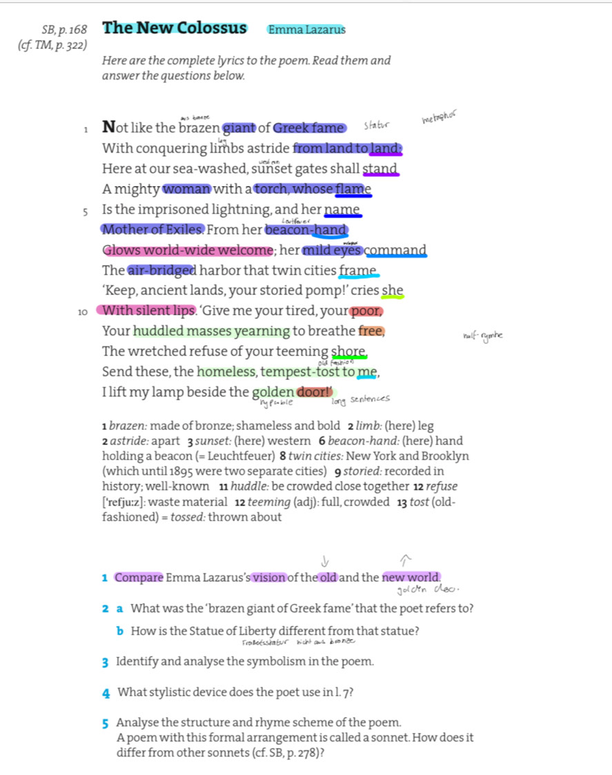 Gelöst:SB, p. 168 The New Colossus Emma Lazarus (cf. TM, p. 322) Here ...