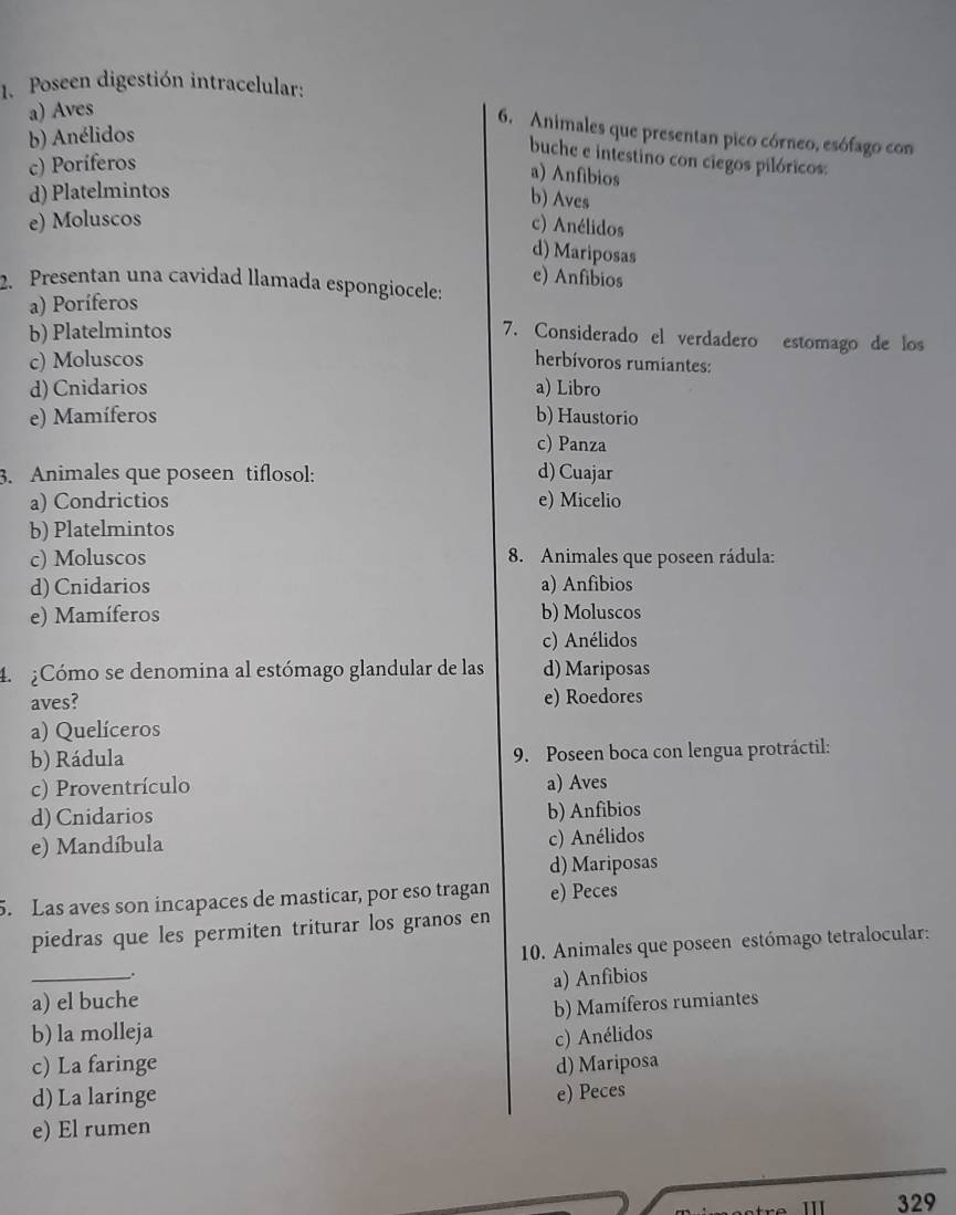 Resuelto:Poseen digestión intracelular: a) Aves 6. Animales que ...