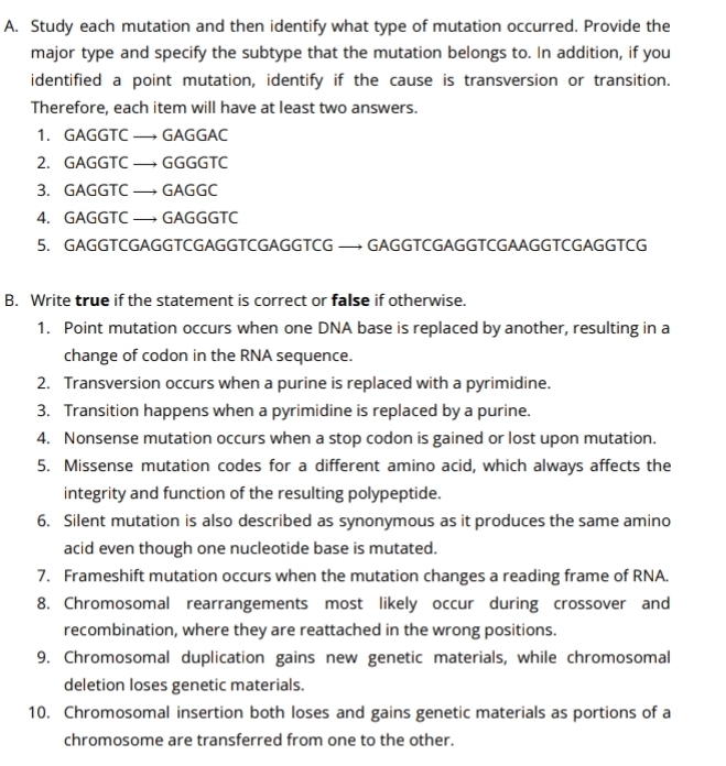 Solved: Study each mutation and then identify what type of mutation ...