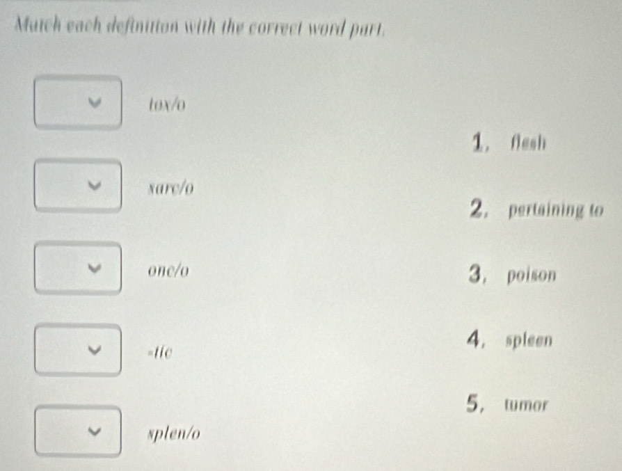 Solved: Match each definition with the correct word part. tox/o 1 ...