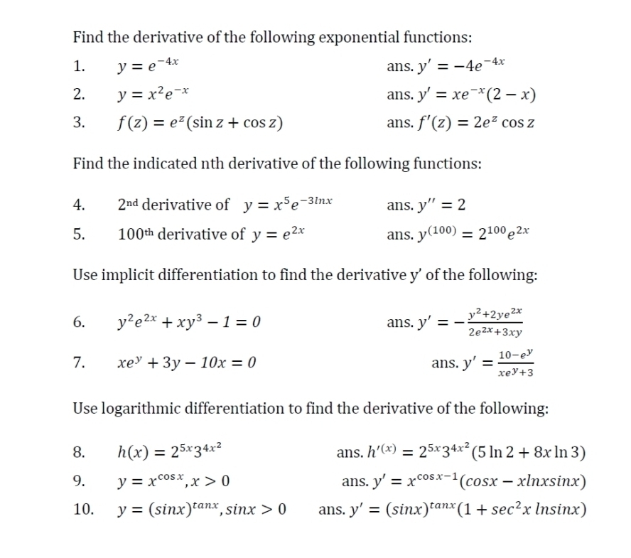 Solved: Find the derivative of the following exponential functions: 1 ...