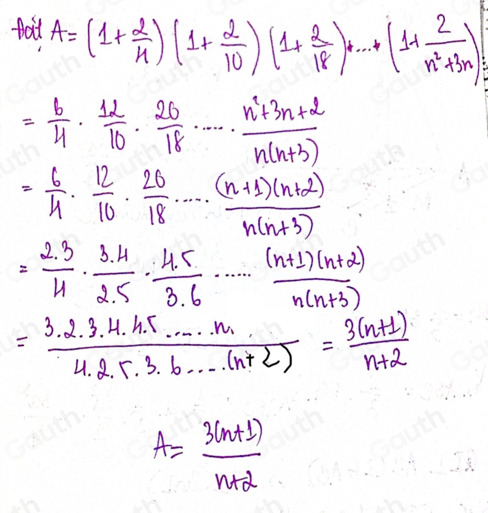 Solved: Rút gon biu thúc vói n là só tu nhiên: (1+ 2/4 ).(1+ 2/10 )...(1+ 2/18 )...(1+ 2/n^2+3n ...