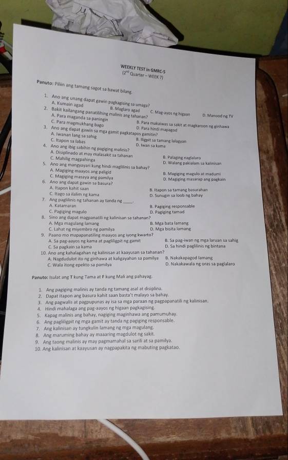 Solved: WEEKLY TEST in GMRC-S (2^(nd) Quarter - WEEK 7 Panuto: Piliin ...