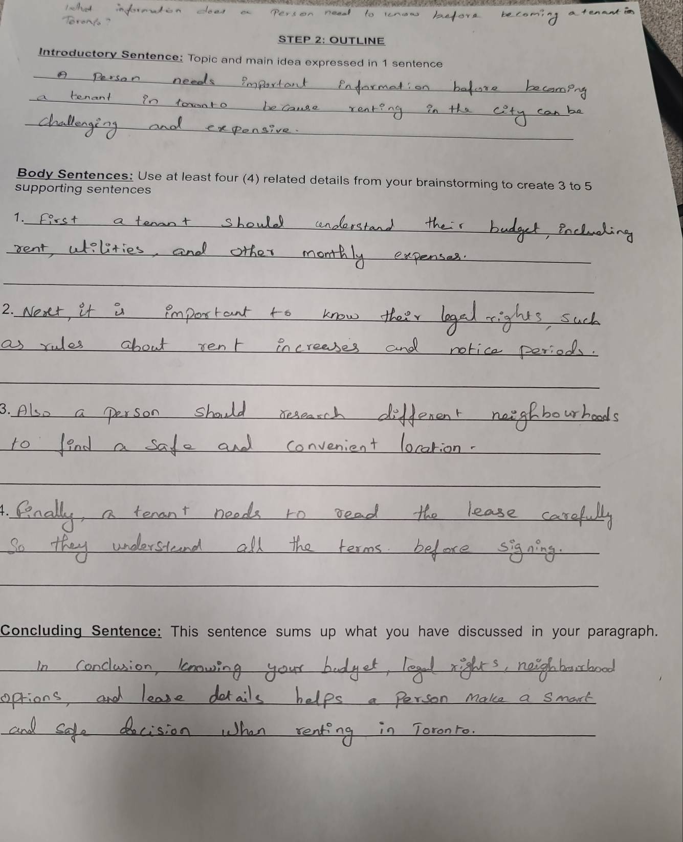 Solved: OUTLINE Introductory Sentence: Topic and main idea expressed in ...