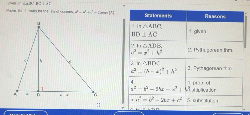Solved: Given: In ABC,BC⊥ AC Prove: the formula for the law of cosines ...