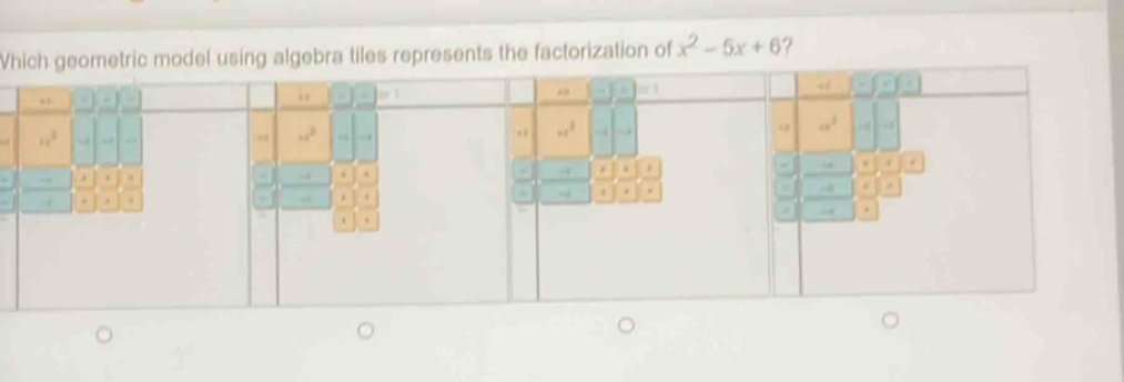 Solved: Which geometric model using algebra tiles represents the factorization of x^2-5x+6 ? [Math]