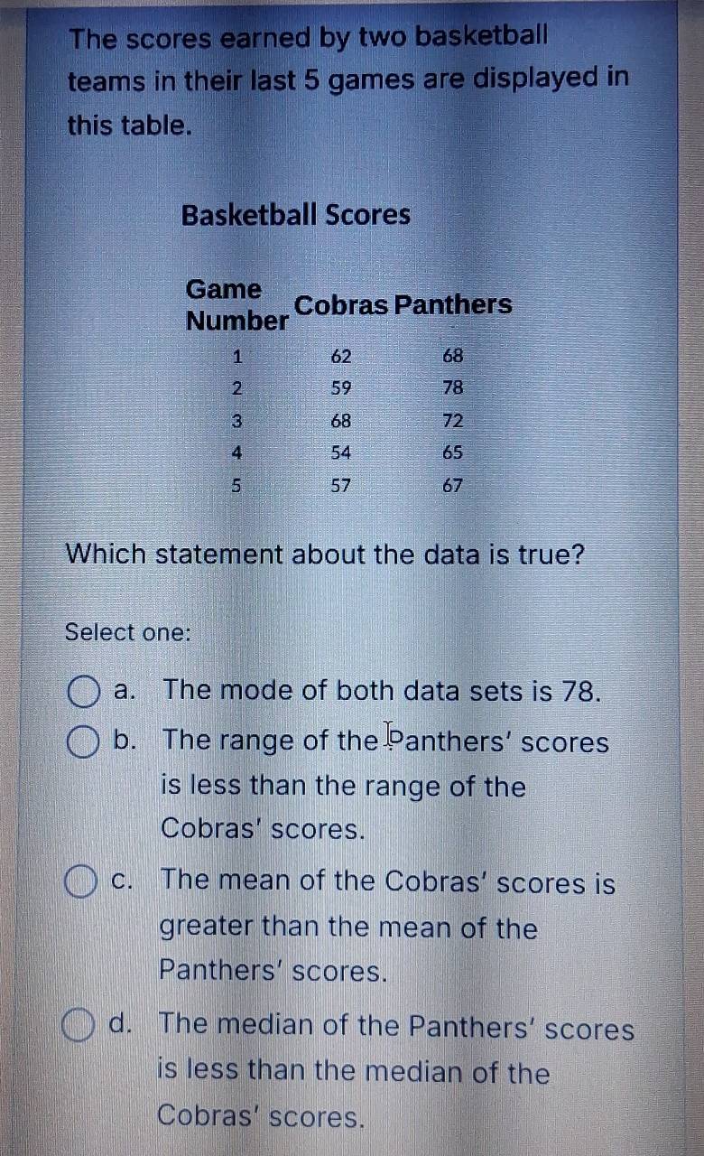 Solved: The scores earned by two basketball teams in their last 5 games ...