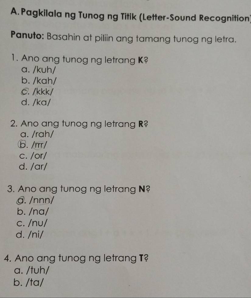 Solved: Pagkilala ng Tunog ng Titik (Letter-Sound Recognition) Panuto ...