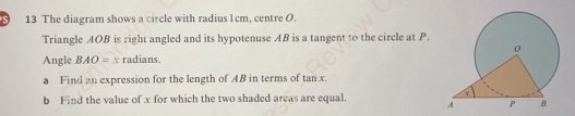 The diagram shows a circle with radius 1cm, centre O. Triangle AOB is ...