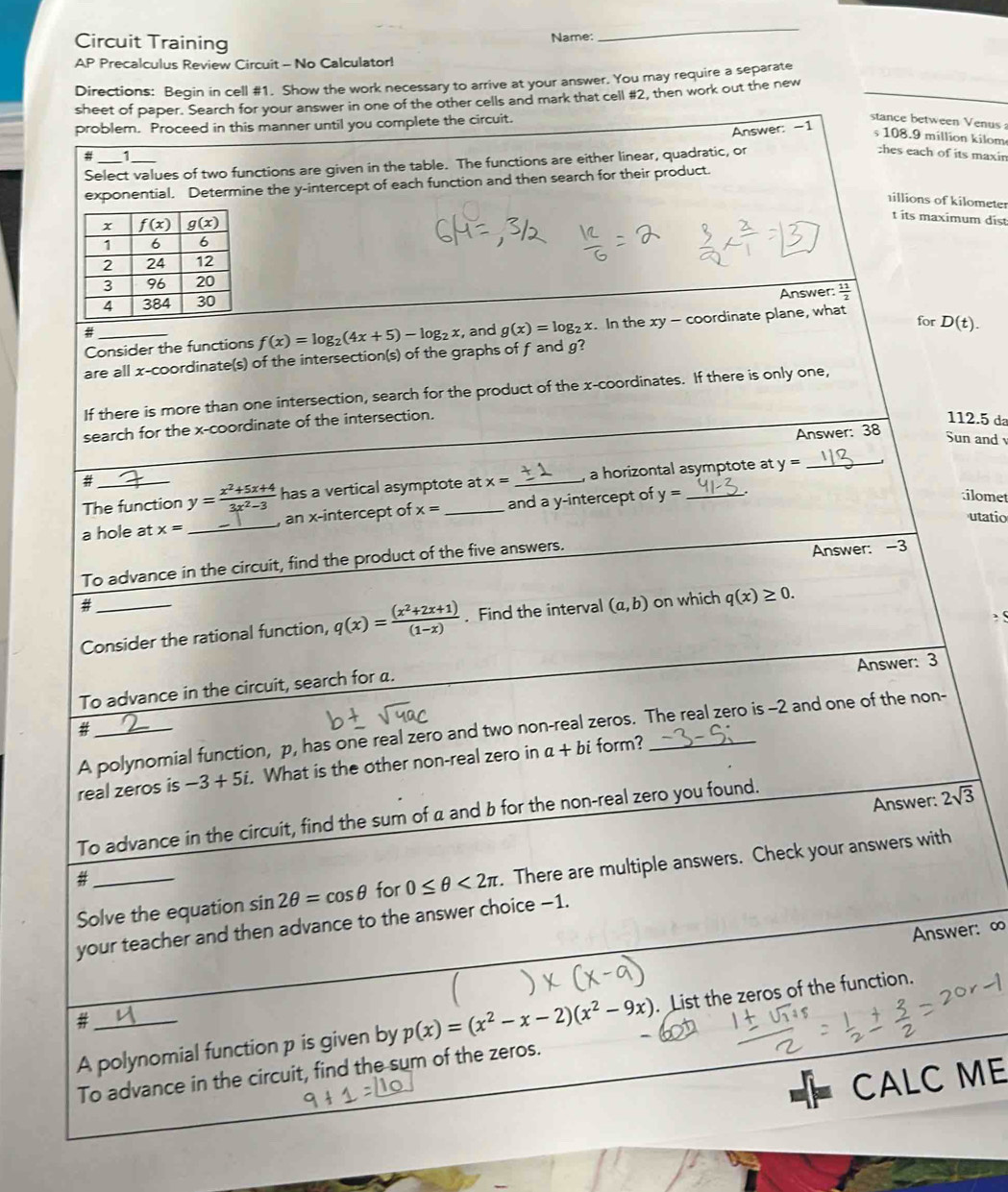 Solved: Circuit Training Name: _ AP Precalculus Review Circuit - No ...