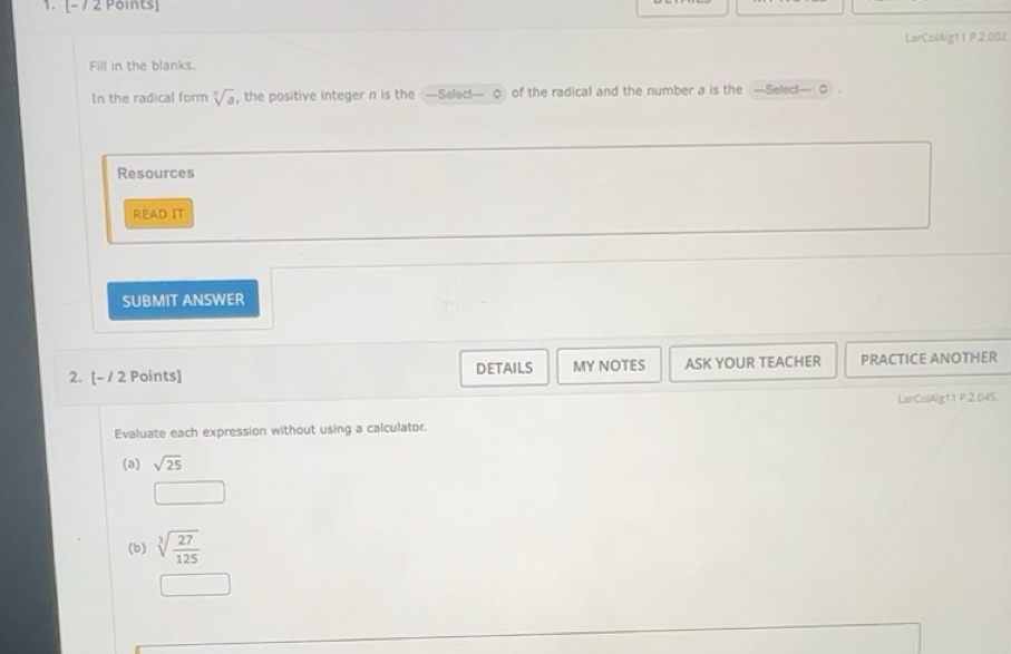 Solved: [- / 2 Points] LarColAlg11 P.2.002 Fill in the blanks. In the ...