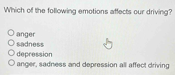 Solved: Which of the following emotions affects our driving? anger ...