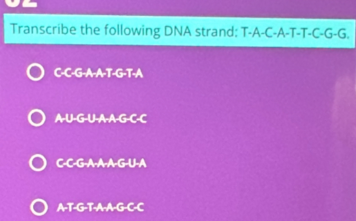 Solved: Transcribe the following DNA strand: T-A-C-A-T-T-C-G-G. C-C-G-A ...