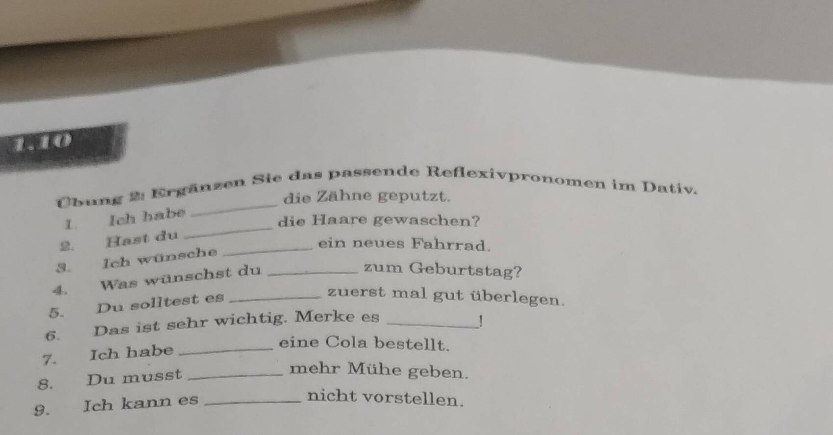 Gelöst:1.10 _ Übung 2: Ergänzen Sie das passende Reflexivpronomen im ...