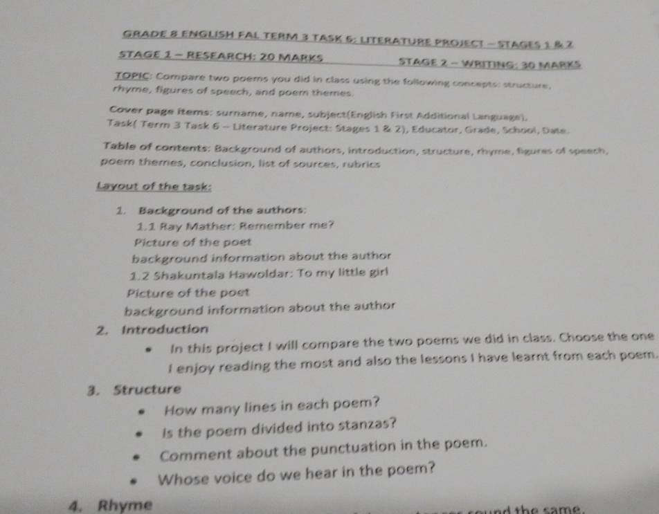 Solved: GRADE 8 ENGLISH FAL TERM 3 TASK 5: LITERATURE PROJECT - STAGES 1 & 2 STAGE 1 - RESEARCH ...