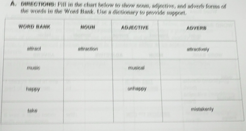 Solved: DIRECTIONS: Fill in the chart below to show noun, adjective ...
