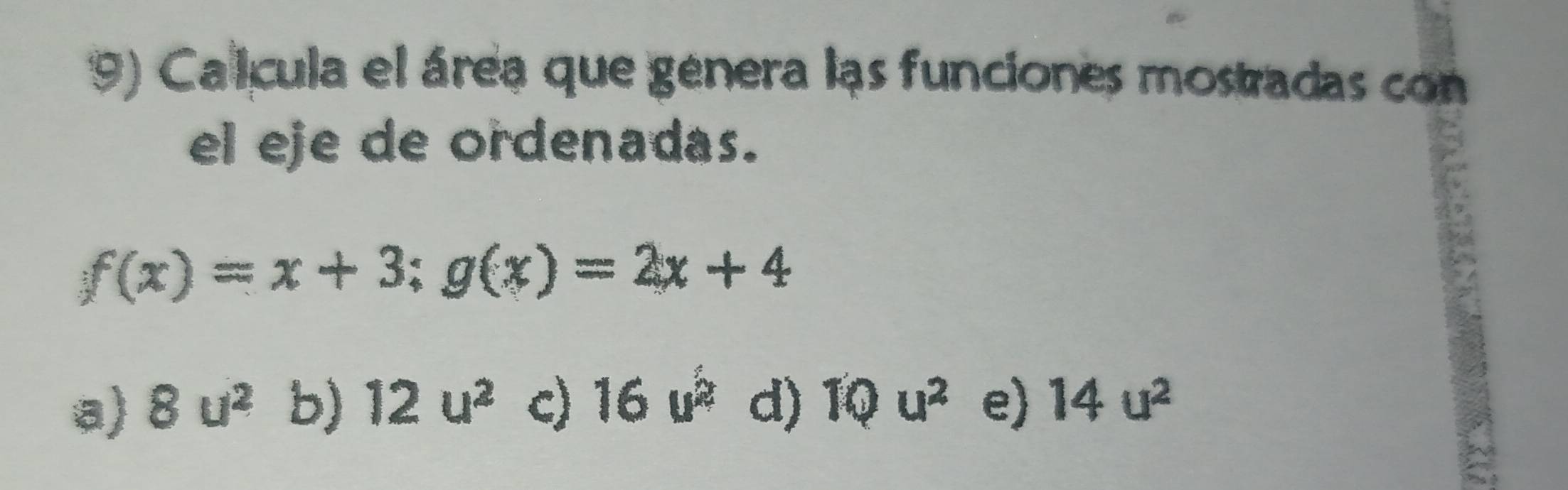 Resuelto:Calcula el área que genera las funciones mostradas con el eje de ordenadas. f(x)=x+3; g(x)
