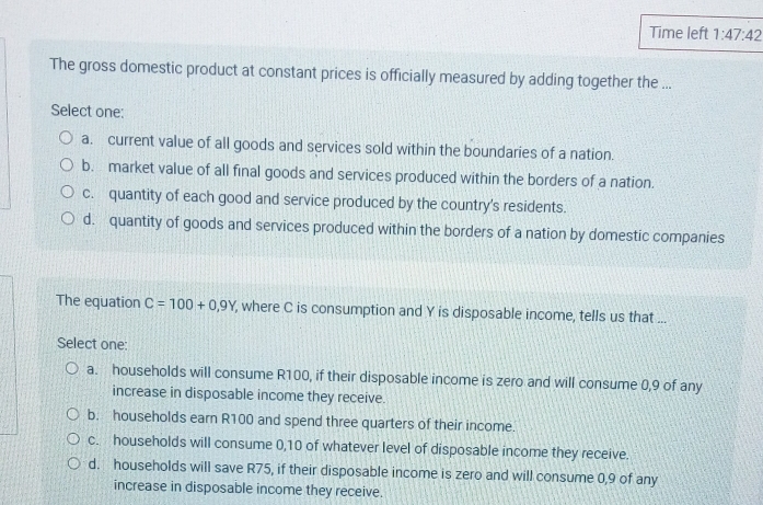 Solved: Time left 1:47:42 The gross domestic product at constant prices ...