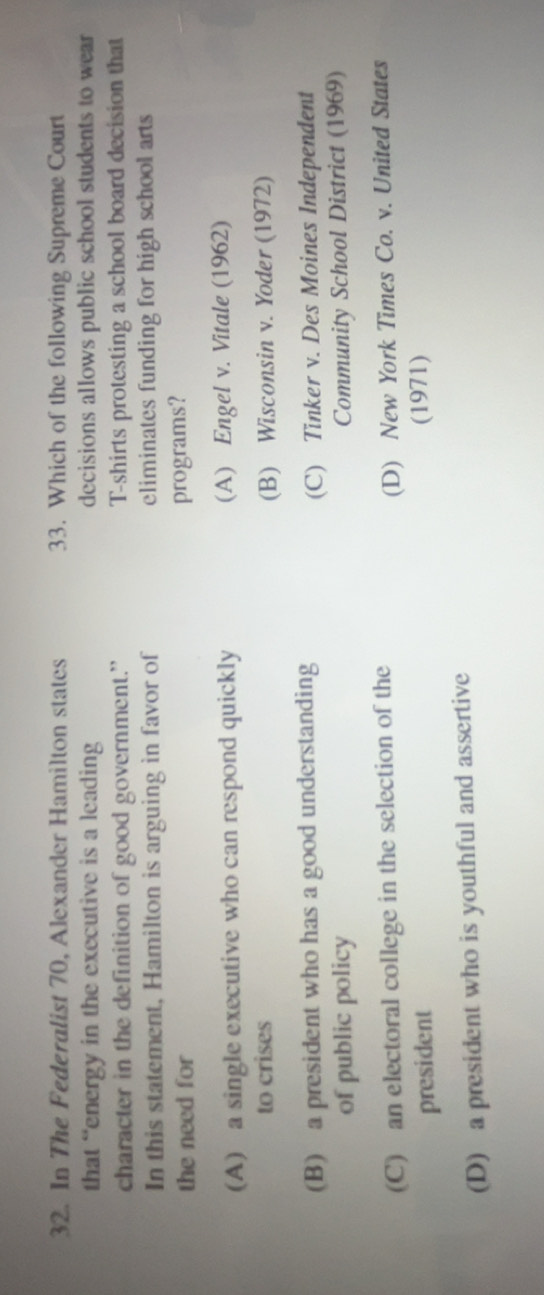 Solved: In The Federalist 70, Alexander Hamilton states 33. Which of ...