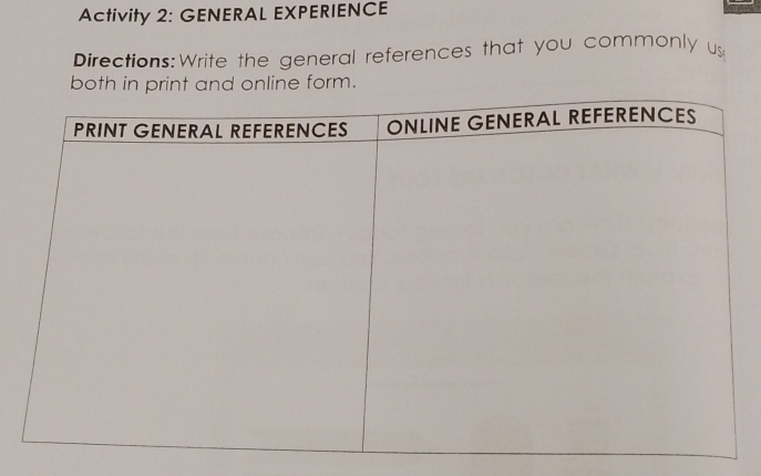 Solved: Activity 2: GENERAL EXPERIENCE Directions:Write the general ...