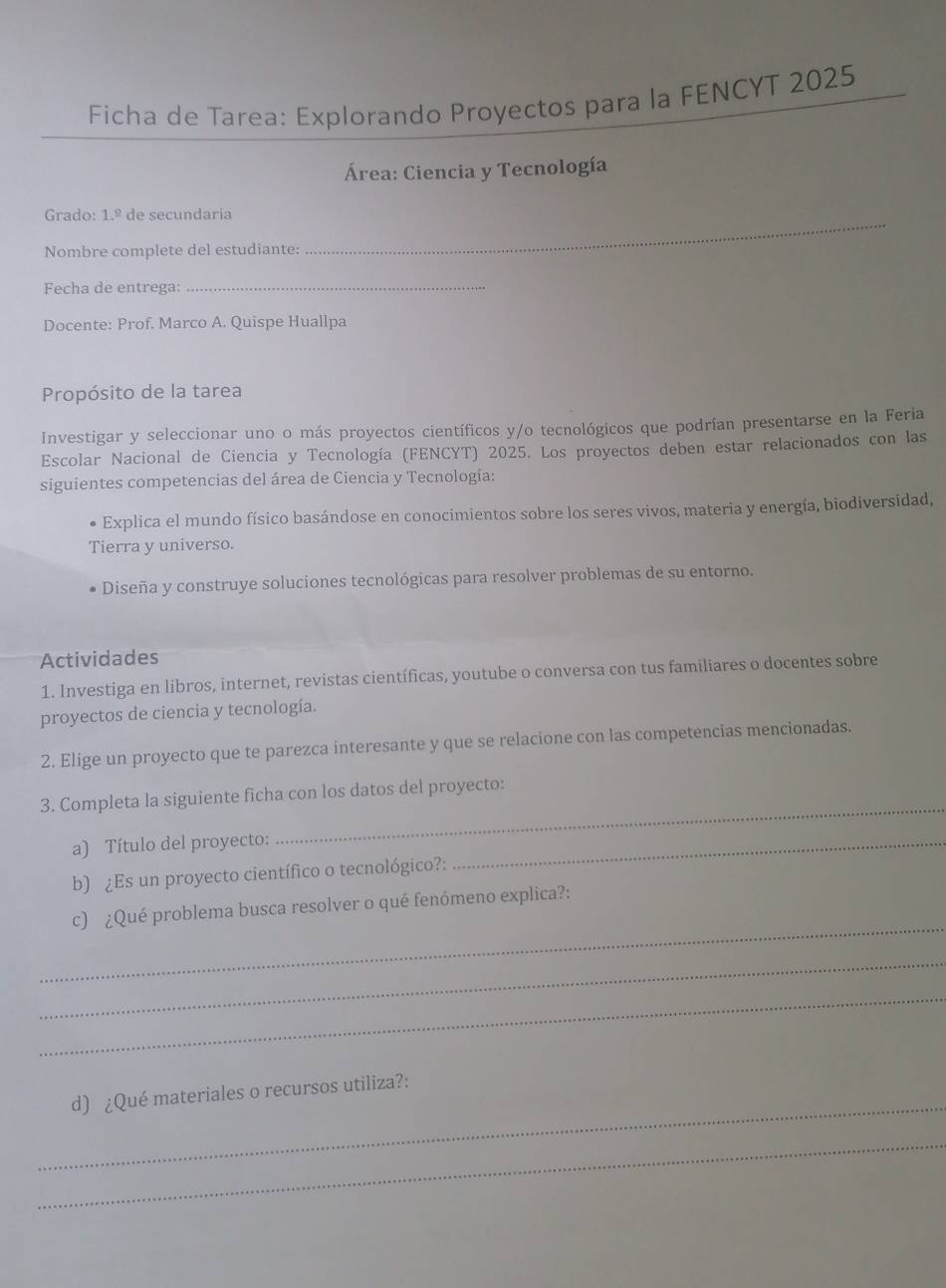 Resuelto:Ficha de Tarea: Explorando Proyectos para la FENCYT 2025 Área: Ciencia y Tecnología Grad
