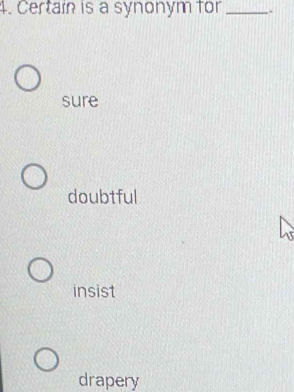 Solved: Certai is a synonym for _- sure doubtful insist drapery [Others]