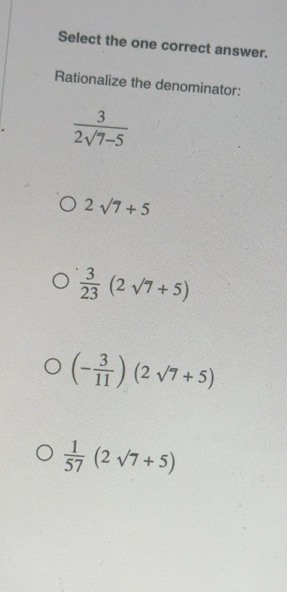 Solved: Select the one correct answer. Rationalize the denominator: 3 ...