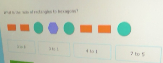 Solved: What is the ratio of rectangles to hexagons? 3 to B 3 to 1 4 to ...