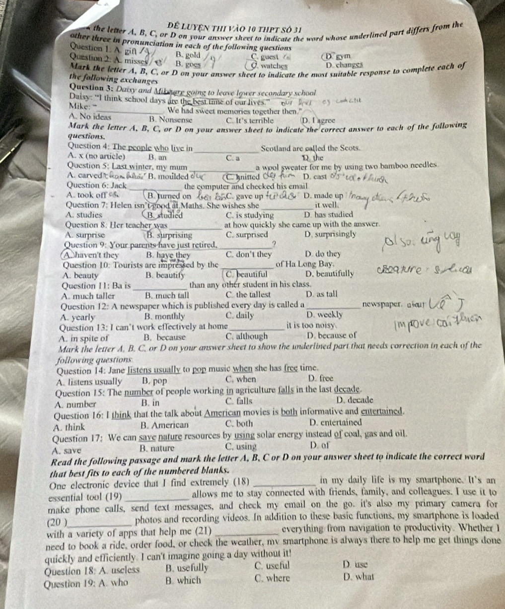 Giải quyết:để luyện thi vào 10 thpt số 31 the letter A, B, C, or D on ...