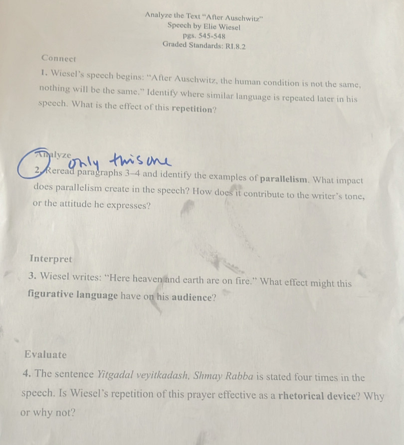 Solved: Analyze the Text ''After Auschwitz'' Speech by Elie Wiesel pgs ...