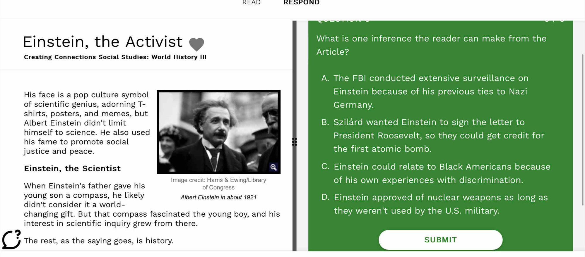 تم الحل:READ RESPOND Einstein, the Activist What is one inference the ...