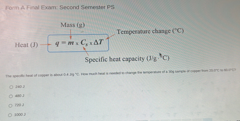 Solved: Form A Final Exam: Second Semester PS Mass (g) Temperature ...