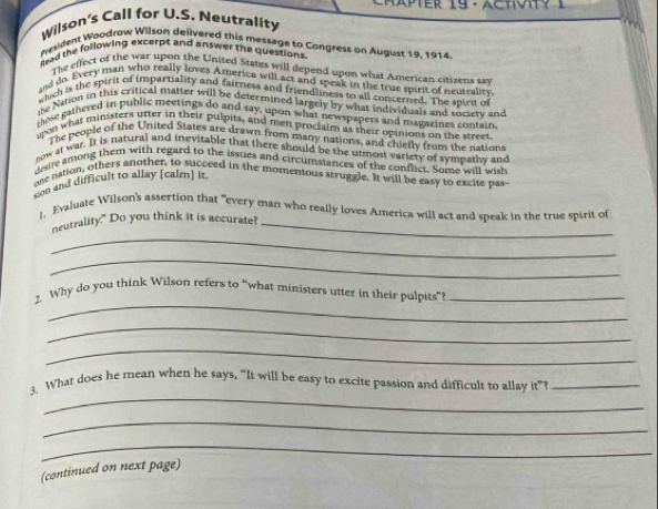 Solved: Wilson's Call for U.S. Neutrality hesident Woodrow Wilson ...