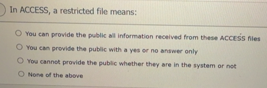 Solved: In ACCESS, a restricted file means: You can provide the public ...