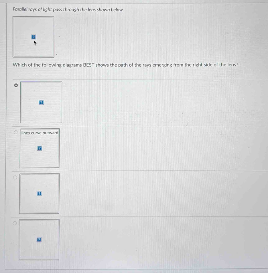 Solved: Parallel rays of light pass through the lens shown below. Which ...