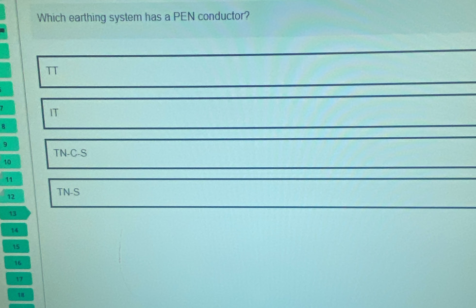 Solved: Which earthing system has a PEN conductor? π 7 IT B 9 TN-C-S 10 ...