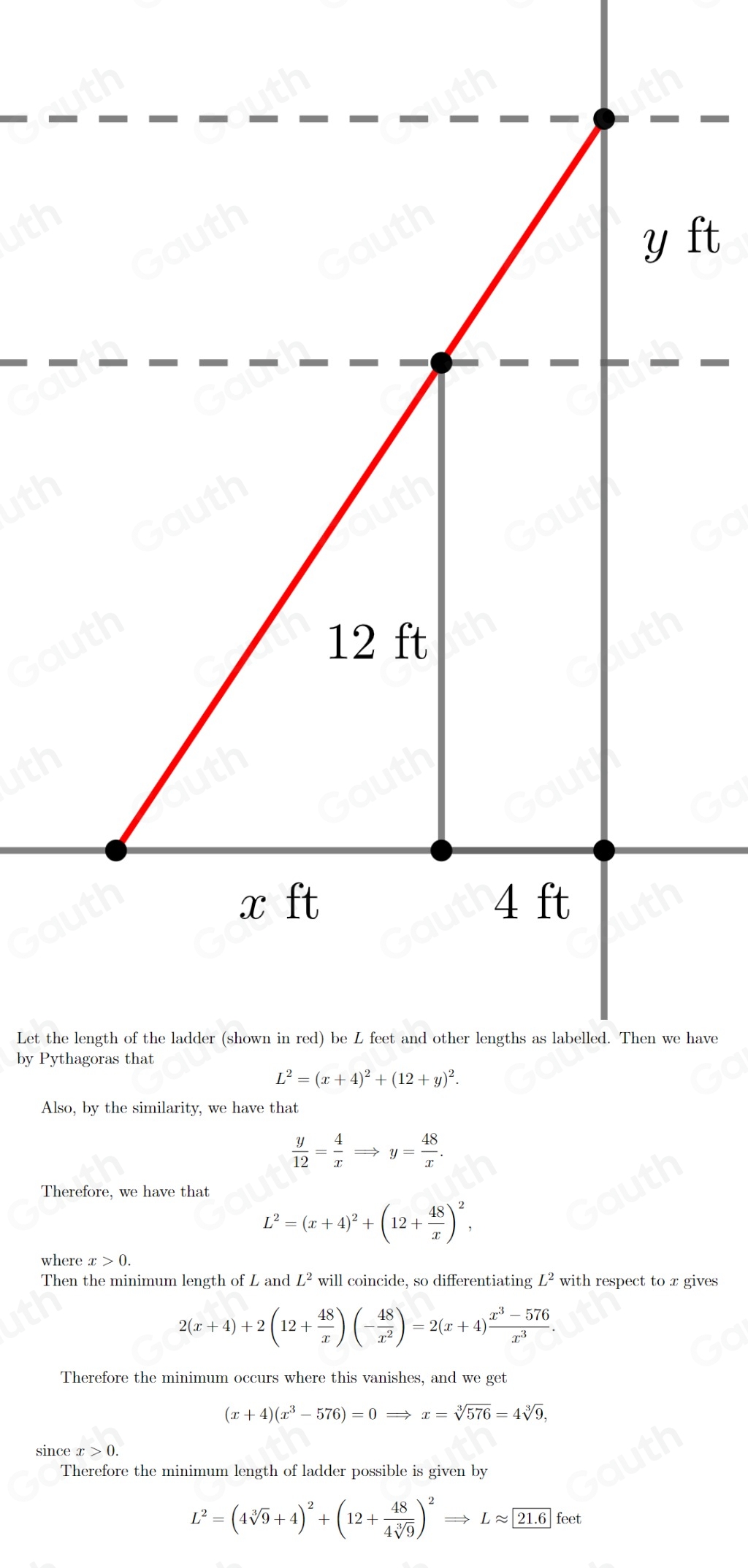 Solved: A fence 12 ft high runs parallel to a tall building at a distance of 4 ft from the ...