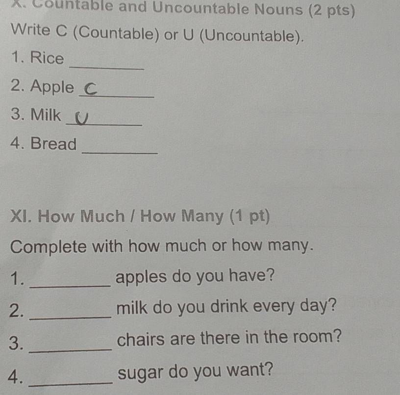 Resuelto:Countable and Uncountable Nouns (2 pts) Write C (Countable) or ...