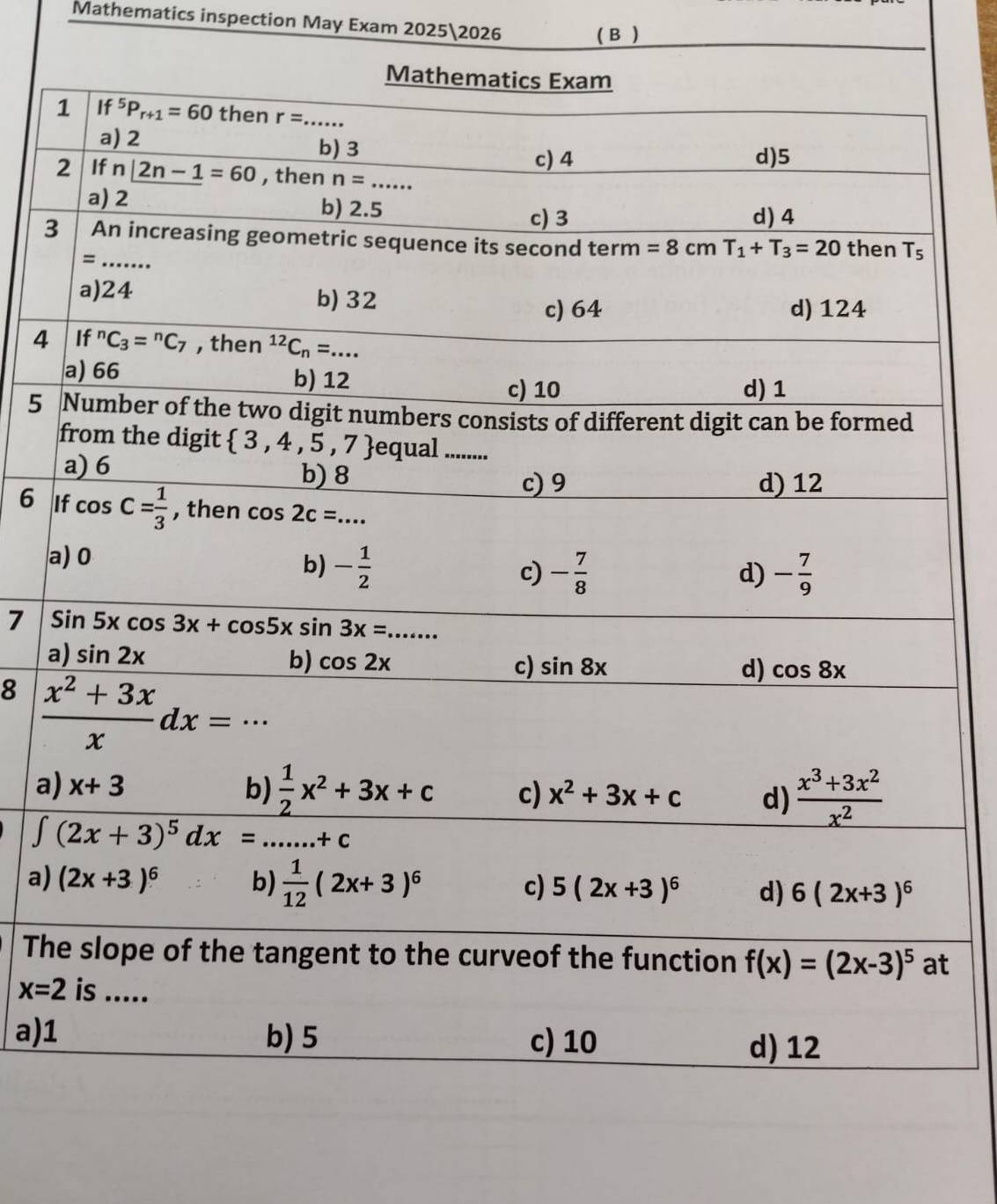 Solved: Mathematics inspection May Exam 20252026 ( B ) 3 4 5 6 I a 7 a ...