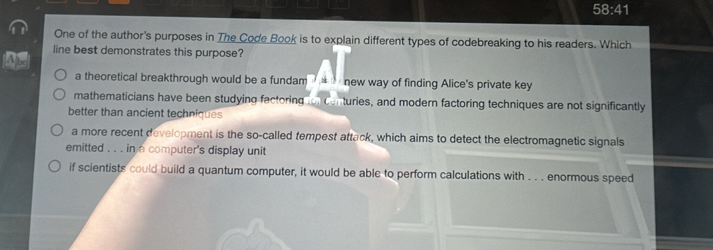 Solved: 58:41 One of the author's purposes in The Code Book is to ...
