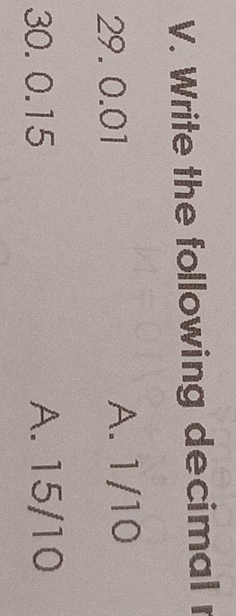 Solved: Write the following decimal r 29. 0.01 A. 1/10 30. 0.15 A. 15/ ...