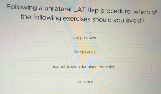 Solved: Following a unilateral LAT flap procedure, which of the ...