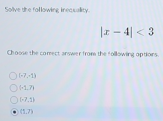 Solved: Solve the following inequality. |x-4|