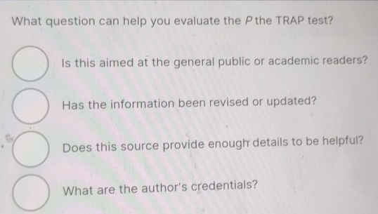 Solved: What question can help you evaluate the P the TRAP test? Is ...