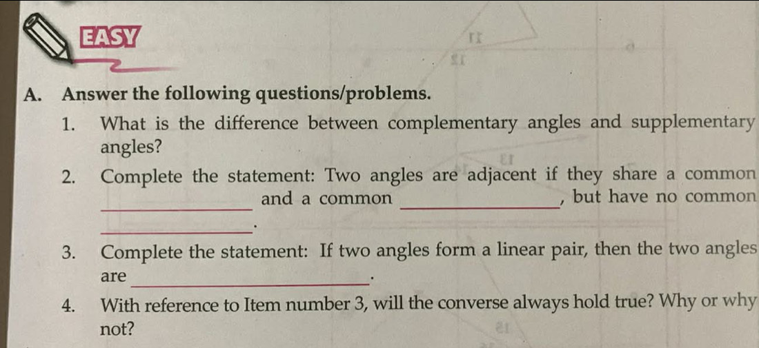 Solved: EASY r A. Answer the following questions/problems. 1. What is ...