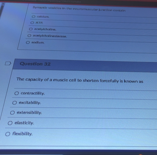 Solved: Synaptic vesicles in the neuromuscular junction contain calcium. ATP. acetylcholine ...